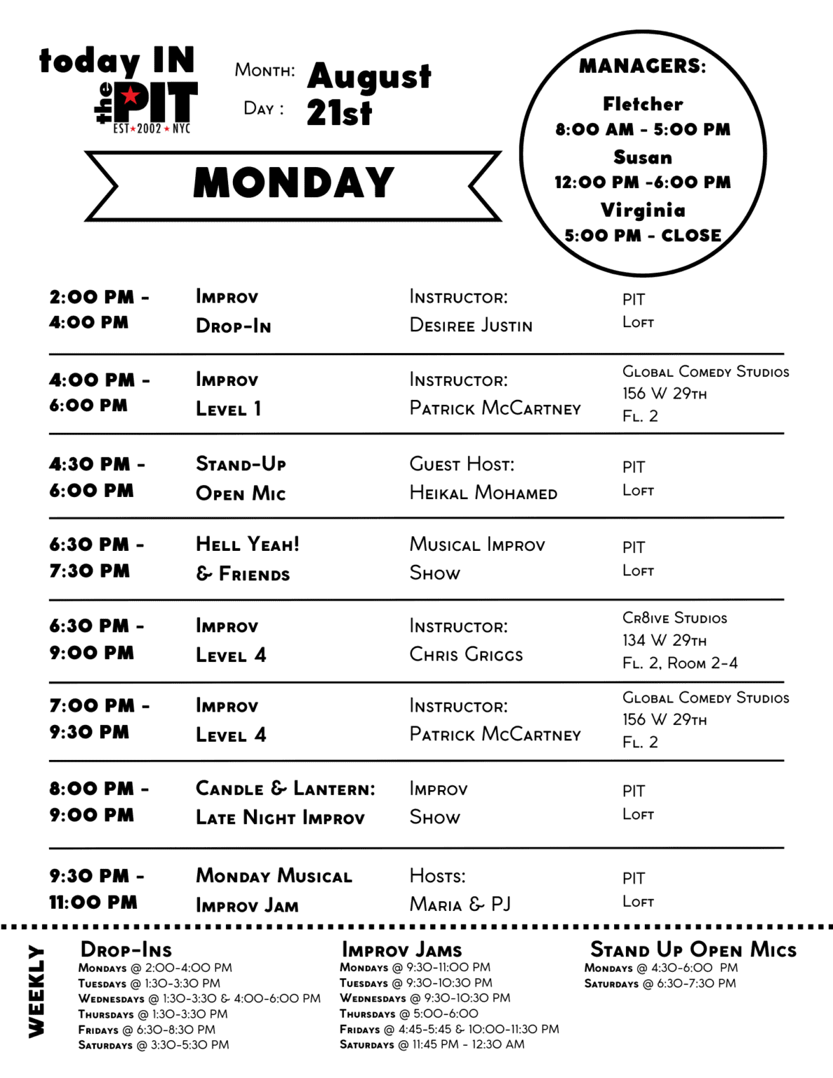 Daily Schedule | Peoples Improv Theater