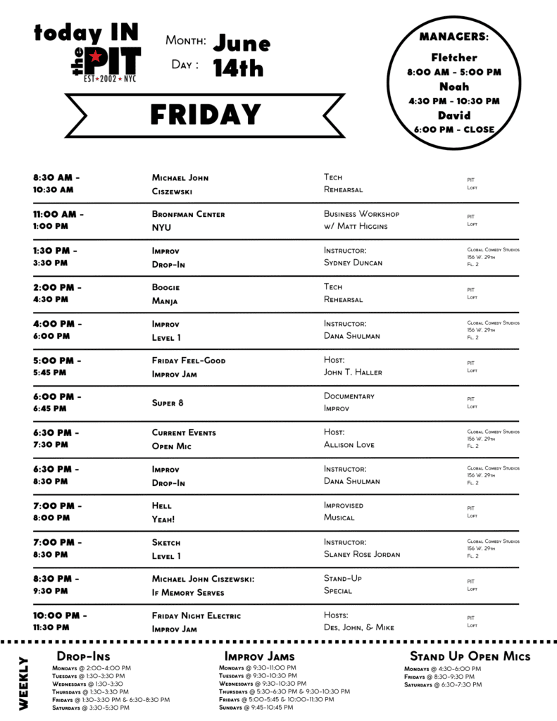 Daily Schedule | Peoples Improv Theater