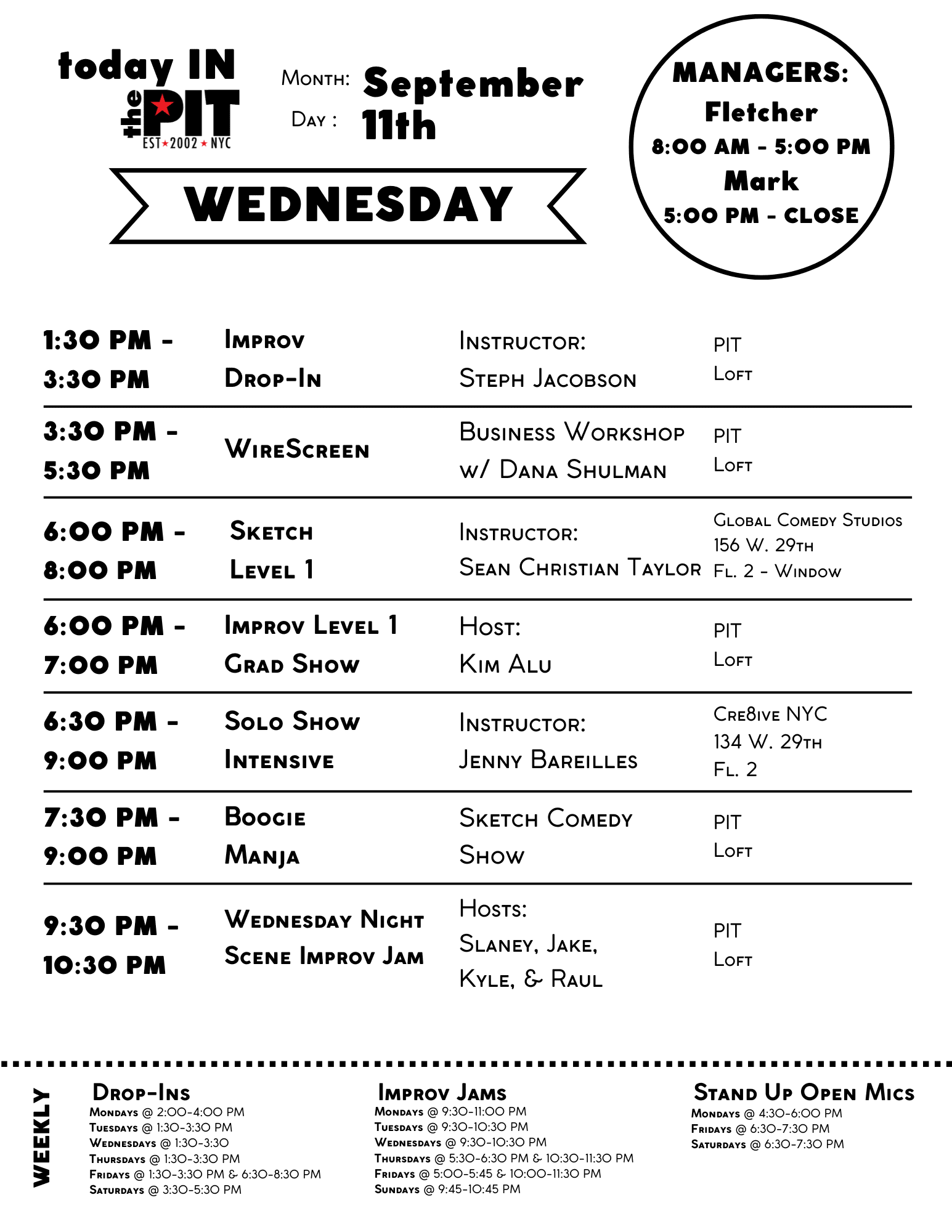 Daily Schedule | Peoples Improv Theater