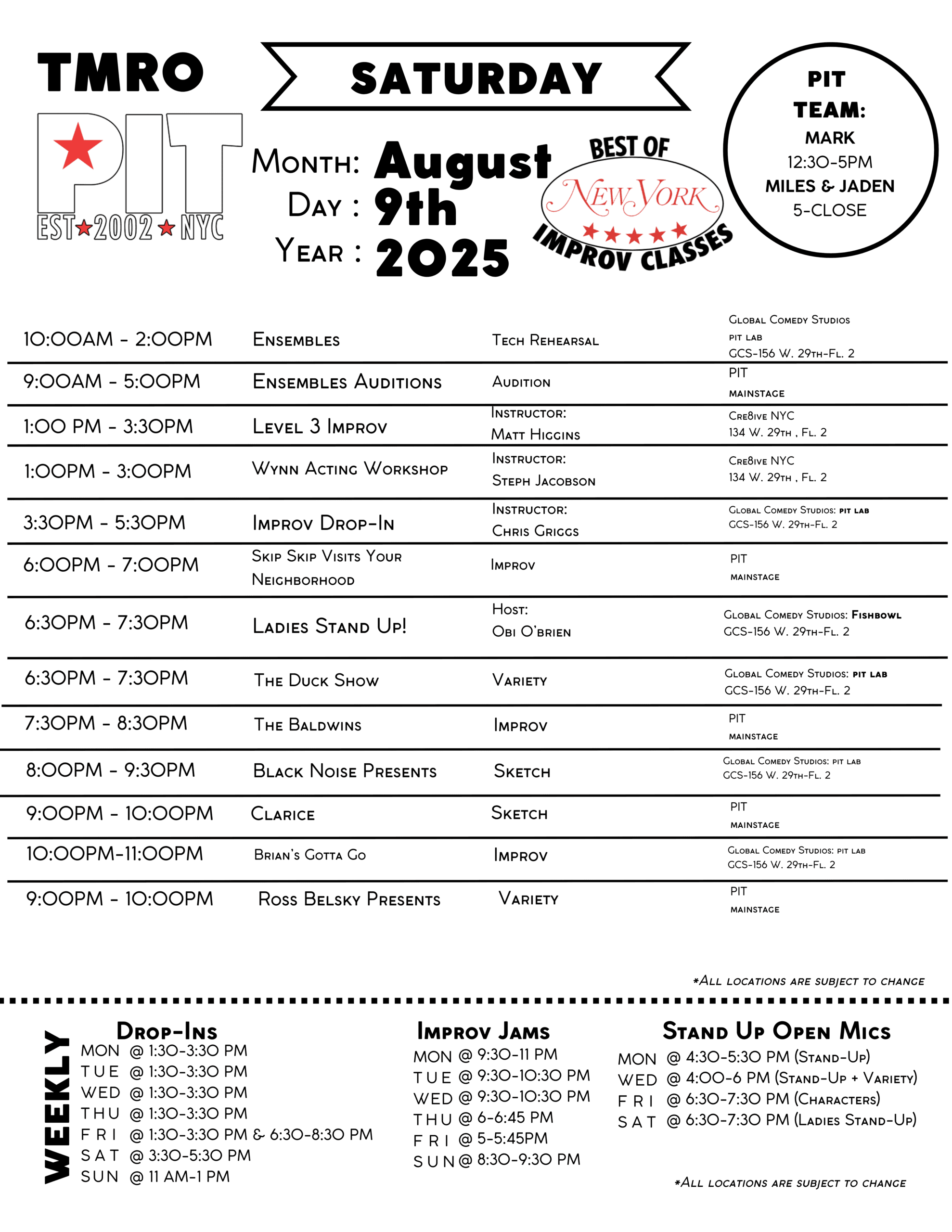 Daily Schedule | Peoples Improv Theater